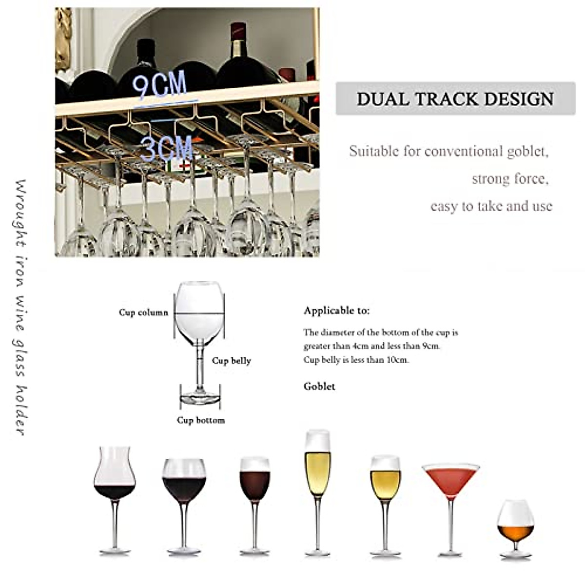 Hanging Wine Rack from Ceiling， Modern Metal Wine Bottle Holder Wall Mounted Champagne Glass Goblets Stemware Rack Storage Shelf Gold Display Racks (Size : 60x27x8cm)