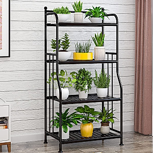 TIE-DailyNec 4 Tier Metal Plant Stand Flower Pots Holder, Multiple Home Storage Shelf Shoe Organizer Iron Indoor and Outdoor Flower Plant Display Rack for Garden Balcony Living Room Patio (Black)