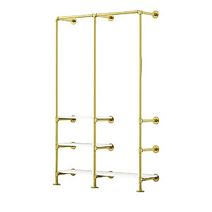 HEONITURE Gold Clothing Rack with 3-Tier Shelves, Multi-Purpose Heavy Duty Industrial Pipe Clothes Rack, Wall Mounted Garment Hanging Rods for Closet and Bedroom (Gold)