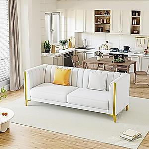FOTOSOK 78'' Sofa, Modern White Sofas Couches for Living Room, Comfy Sofa Faux Leather Sofa 3 Seater Sofa with 2 Throw Pillows and Gold Metal Legs, Deep Seat Sofas for Living Room (Cream White)