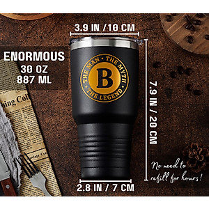 the Man the Myth the Legend Mug with Initials, Monogrammed Stainless Steel Travel Tumbler for Men, Funny Personalized Coffee Cup, Custom Beer Glass, Unique Birthday Christmas Gifts for Him, 30 oz, D