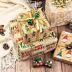 RUSPEPA Christmas Wrapping Paper, Kraft Paper - Santa Claus, Gnome, Snowflake and Merry Christmas - 4 Rolls - 30 inches x 10 feet per Roll