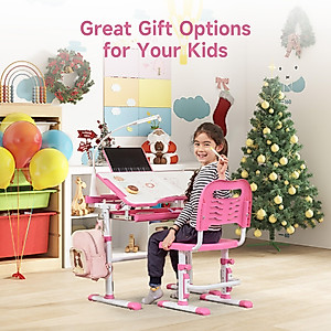 Real Relax Height Adjustable Childrens Desk and Chair Set, Kid's School Workstation with Tilt Desktop, Pink