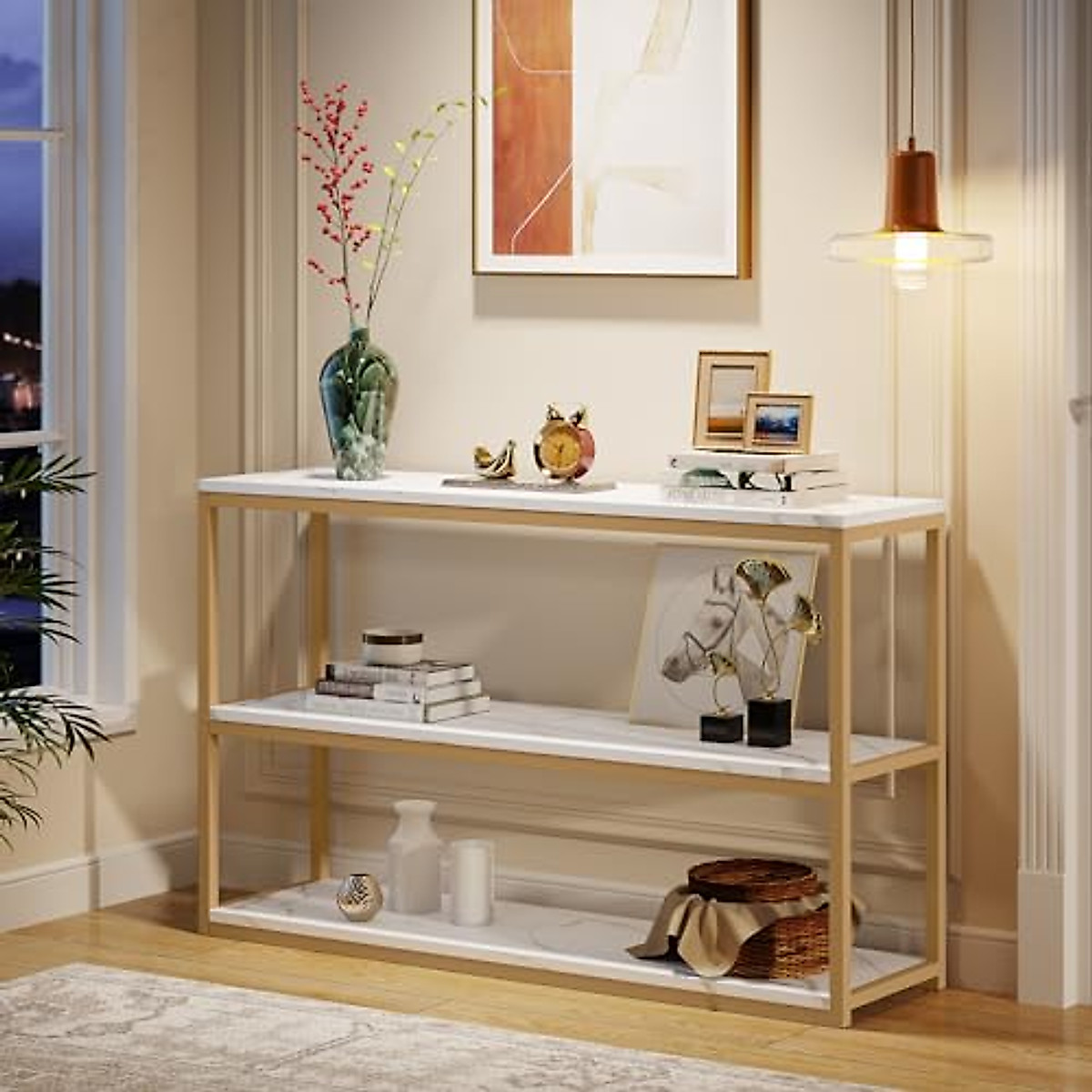 LITTLE TREE Modern Gold White Entryway Hallway Accent Console Table TV Stand with Faux Marble Veneer