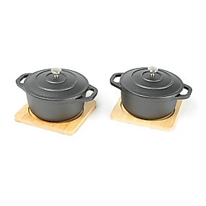 Pre-seasoned Cast Iron Mini Round Cocotte Set, 0.5QT Mini Dutch Ovens with Lids and Bamboo Trays, Dia.4.8 inch, Set of 2, Black