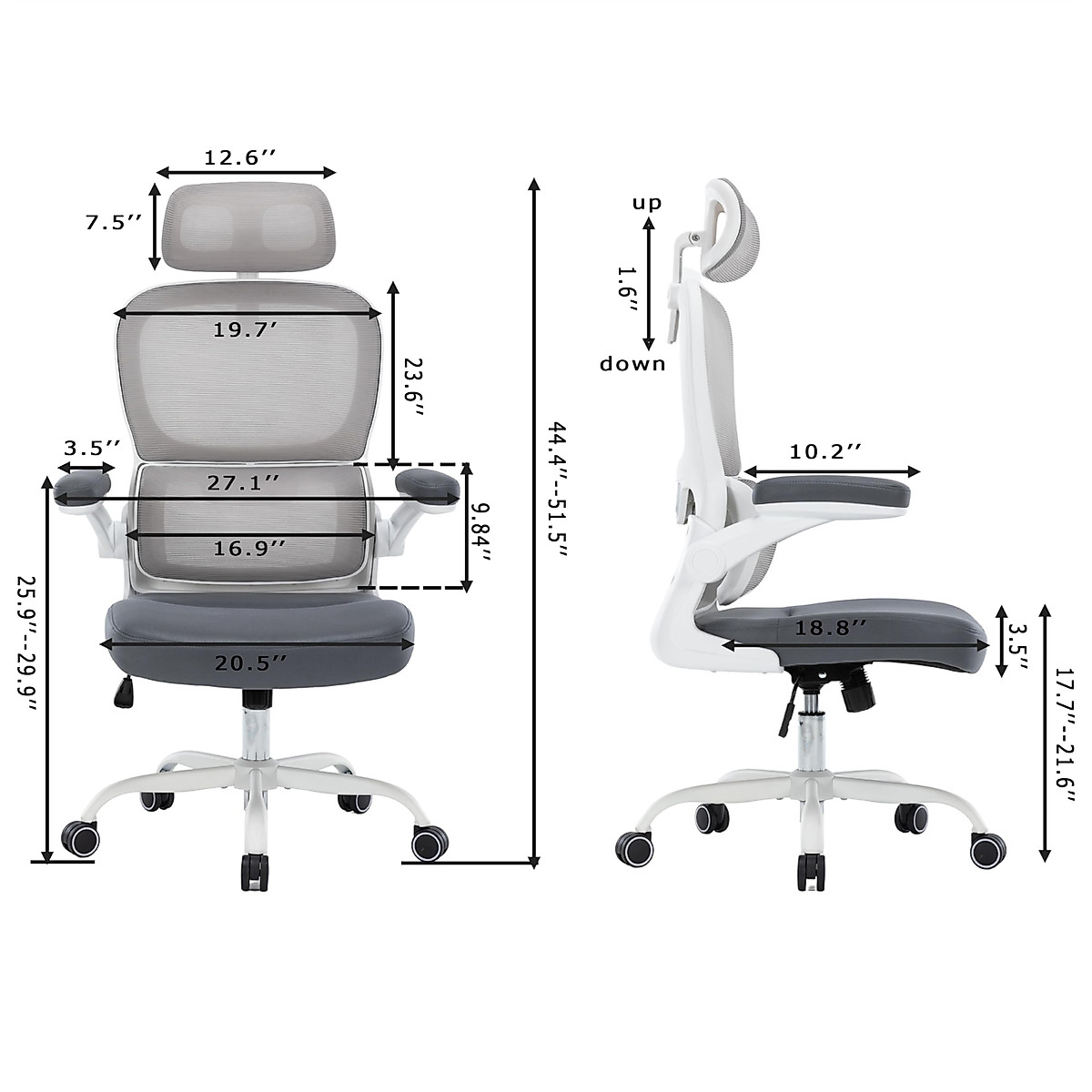 Ergonomic Mesh Office Chair High Back Desk Chair for Big and Tall People Adjustable Headrest with 2D Armrest Lumbar Support and PU Wheels Swivel Tilt Function Black (Black/Grey with Nylon Base)