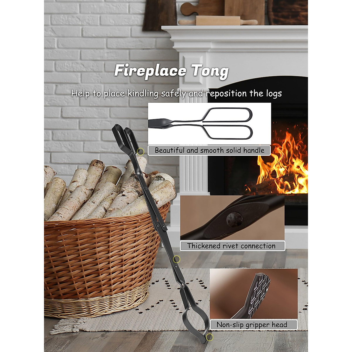 Lichamp Gothic Fireplace Tools Set, 5-Pieces Indoor Outdoor Sturdy Fire Place Poker Sets with Gothic Handle, FTS35BK