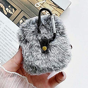 Case for Airpods 1 Case Airpods 2 Fluffy Case Faux Rabbit Fur Cover Plush Furry Fashion Cute PC Protective Case Shockproof Cover for Airpods 1st & 2nd Gen with Carabiner,Grey