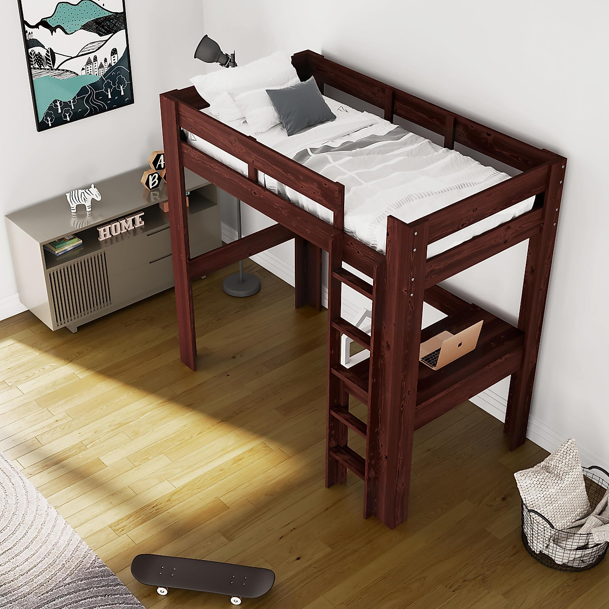 DHP Jaymee Kids Wood Loft Bed with Desk, Twin, Nutmeg