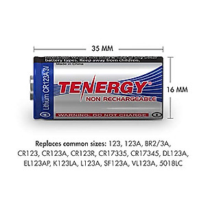 Tenergy 3V CR123A Lithium Battery, High Performance 1500mAh CR123A Cell Batteries PTC Protected for Cameras, Flashlight Replacement CR123A Batteries, 16-Pack (Non-Rechargeable)