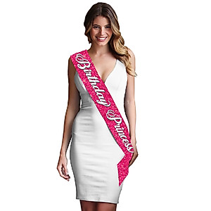 Hot Pink Birthday Party Supplies - Flourish Birthday Princess Sash - Birthday Party Decorations - Hot Pink Sparkle Sash(Bdy Prnc) HPK/Sprk