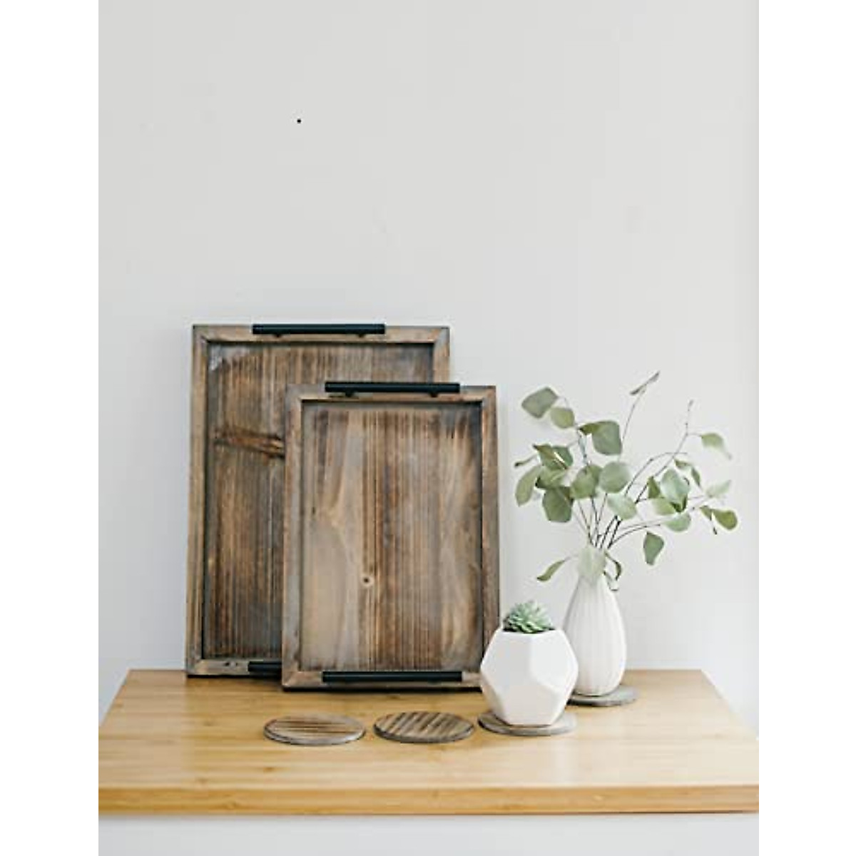 Decorative Ottoman Serving Tray Wooden Rustic (Set of 2) | Black Sleek Metal Handles | 4 Matching Coasters | Coffee Table Decor | Serving Kitchen Platter | Summit Living | For All Occasions