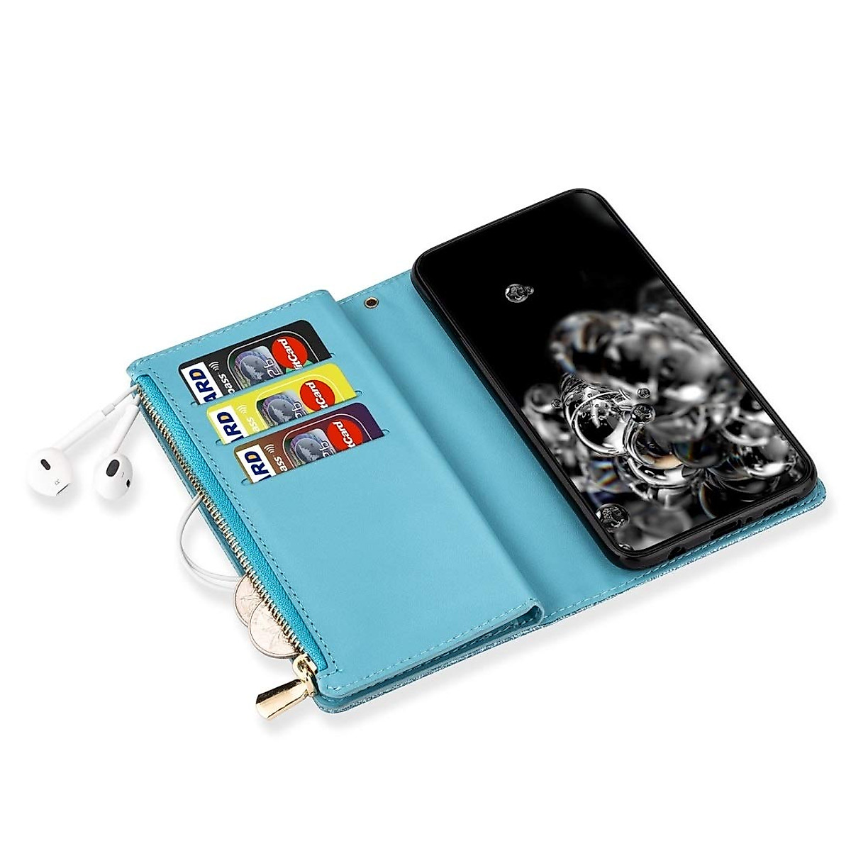 BOYUHII Silicone Protective Case for Phone for Samsung Galaxy A40 Multi-Card Slots Starry Sky Laser Carving Glitter Zipper Horizontal Flip Leather Case with Holder & Wallet & Lanyard ATCYE