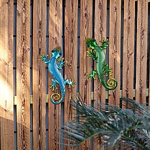 Songjum Metal Gecko Outdoor Decor, 15 Inch Metal Gecko Wall Decoration, Large Hanging Lizard Wall Decor Art Sculpture for Home Bedroom Yard Fence Kitchen (blue)