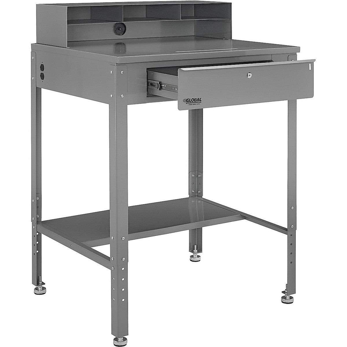 Global Industrial Flat Top Shop Desk w Pigeonhole Compartments & Electrical Outlets, 34-1/2"W x 30"D, Gray