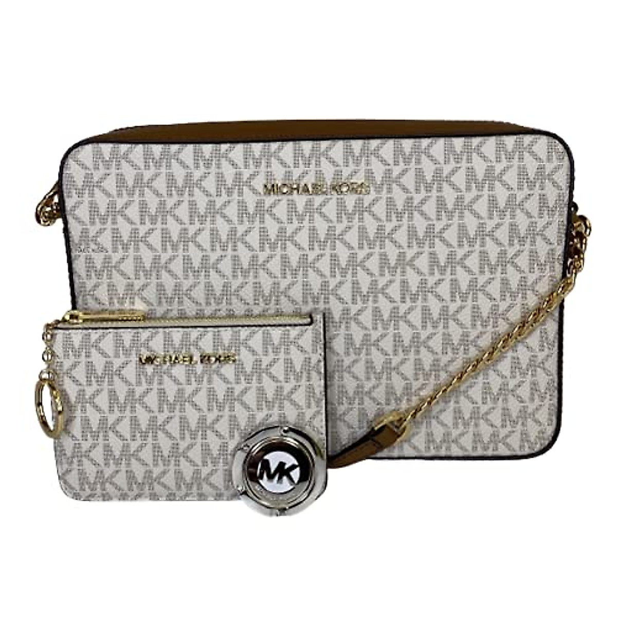 Michael Kors MICHAEL Michael Kors Jet Set Travel Large EW Crossbody bundled with SM TZ Coinpouch Wallet Purse Hook (Signature MK Vanilla)