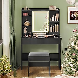 VASAGLE Vanity Desk with Power Outlets, Makeup Vanity with Mirror and Lights, Upholstered Vanity Stool, Dimmable LED Lights, 6 Compartments, 2 Drawers, for Bedroom, Ink Black URDT031B01