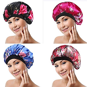 4 Pack Soft Satin Sleeping Cap Wide Band Salon Bonnet Silk Night Sleep Hat Hair Loss Cap for Women, 4 Styles