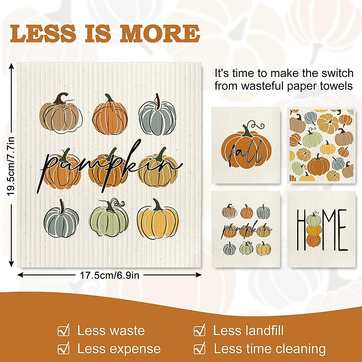 AnyDesign Fall Pumpkin Swedish Dishcloth Sweet Home Autumn Kitchen Cotton Dish Towel Reusable Washable Pumpkin Absorbent Dish Cloth for Housewarming Counter Cleaning, 4Pcs, 7 x 8 Inch