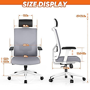 Season wind Ergonomic Office Chair, Mesh Home Office Desk Chairs Big and Tall Computer Chair Swivel Executive Chair with Wheels Heavy People Adjustable Armrest High Back Lumbar Support Headrest Grey