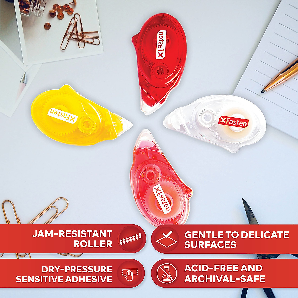 XFasten Double Sided Tape for Scrapbooking, 8mm x 30ft 4-Pack Multicolor Adhesive Tape Roller Runner, Jam-Free Craft Tape Ideal Scrapbook Album Kit