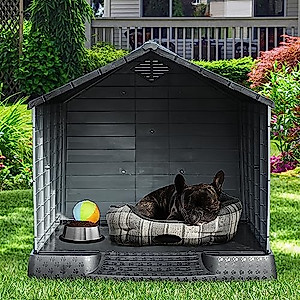 YITAHOME 34.5'' Large Plastic Dog House Outdoor Indoor Doghouse Puppy Shelter Water Resistant Easy Assembly Sturdy Dog Kennel with Air Vents and Elevated Floor (34.5''L*31''W*32''H, Black+Gray)