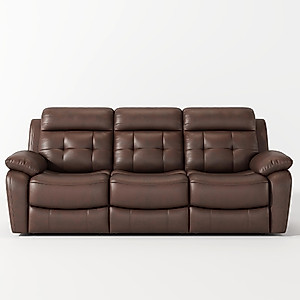 Familymill Genuine Leather Manual Reclining Sofa Couch with Drop Down Table, Stainless Steel Cupholders, and Magazine Bag for Living Room Home Theater Office