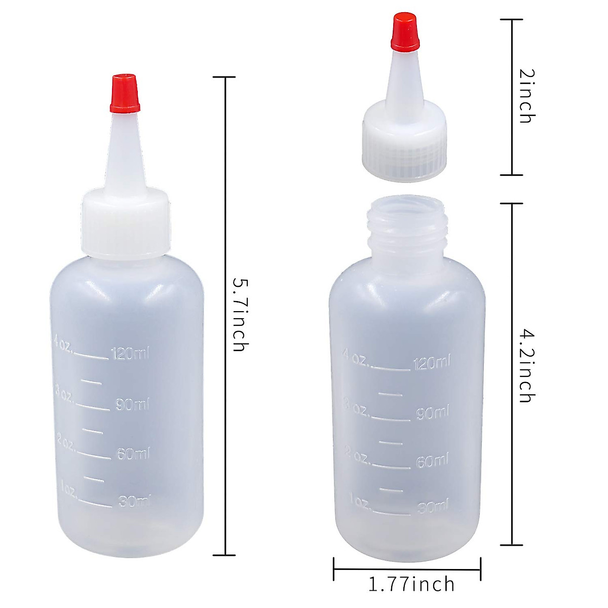 EDOBLUE Plastic Bottles 120mL with Red Tip Caps and Measurements - Small Mini Squeeze Dispensing Bottle for Arts and Crafts, Paint, Icing,Condiment, Glue, Sauces, and More ​- 6 Pack / 4 Ounce
