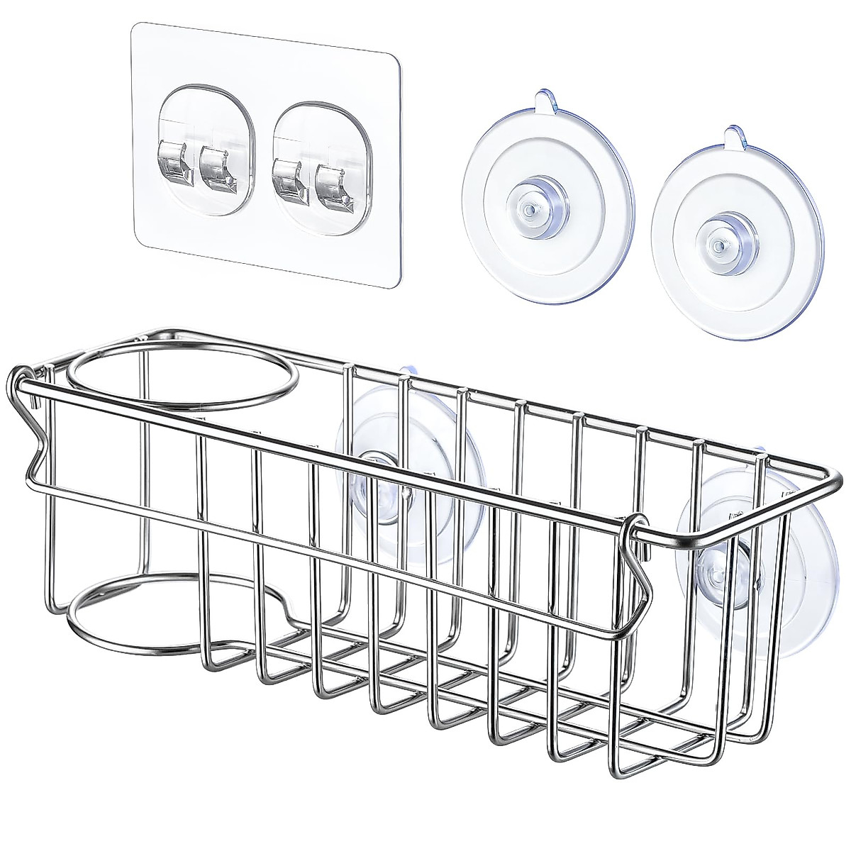 3-In-1 Sponge Holder for Kitchen Sink, 2 Type Suspension Options (Suction Cups & Adhesive Hook), Hanging Sink Caddy Organizer Rack - Sponge, Dish Cloth, Brush, Scrubber, Soap Tray, 304 Stainless Steel