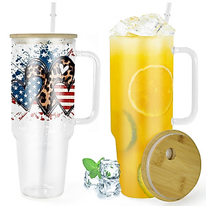 FECBK 40 oz Glass Tumbler with Handle 2 Pack Sublimation Glass Cups Blanks with Bamboo Lid and Straw Reusable Iced Coffee Cup for Boba Tea, Juice, Fits Cup Holder, BPA Free, Wide Mouth, Clear