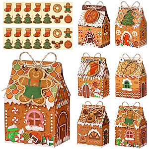 Blulu 60 Set Small Christmas Cookie Boxes with Tags Gingerbread House Gift Box with String Kraft Paper Christmas Treat Boxes Mini Goodie Containers for Xmas Party Packaging Favor Supplies(Brown)