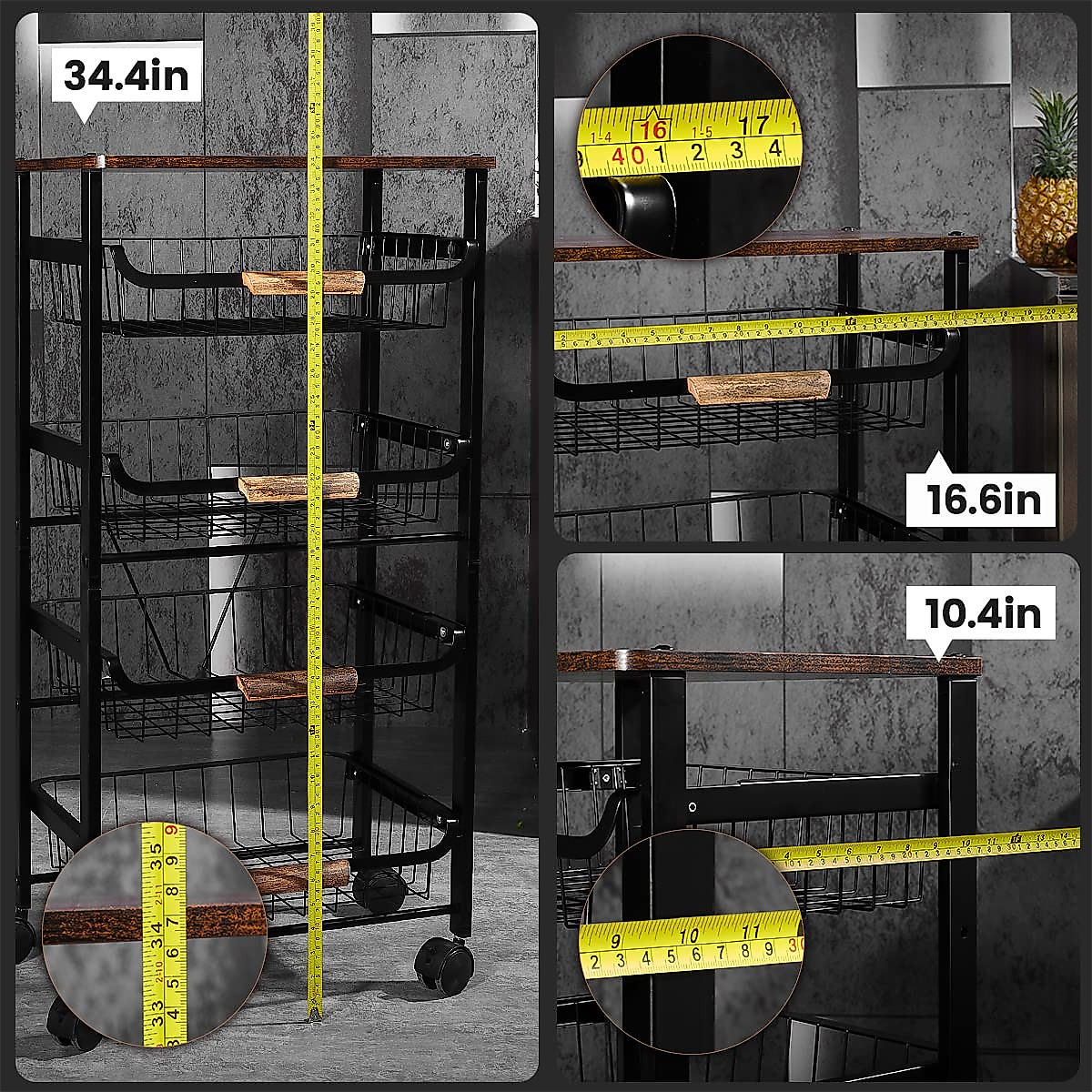 MAWEW Vegetable Kitchen Storage Basket,Potato Storage Basket,Vegetable Storage Cart with Universal Wheel,Rustic Farmhouse Vegetable Storage Basket, Kitchen Vegetable Storage Rack，snack shelf(5 Tier)
