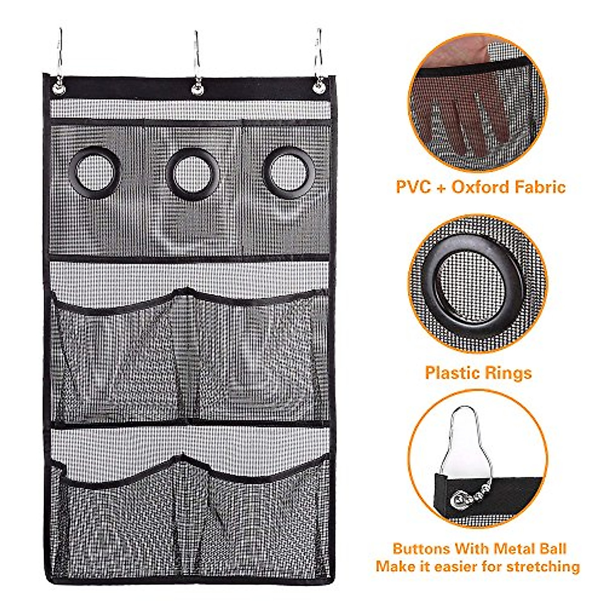 FishMM Mesh Shower Caddy College with Hooks, Bath Organizers for Shower with 7 Pockets, Hang on Shower Curtain Rod/Liner Hooks/Door for Bathroom,Space Saving