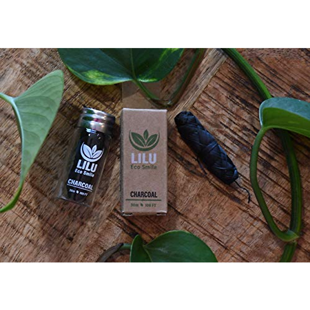 Organic Vegan Bamboo Charcoal Dental Floss in Reusable Glass Bottle | with Tea Tree and Peppermint Essential Oils | 100ft 33m Naturally Waxed | Eco-Friendly Zero Waste