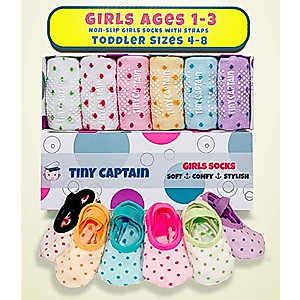 Tiny Captain Baby Toddler Girls Grip Socks 0-12, 1-3, 3-5 Year Old Anti Slip w/Strap Socks Girl 0-5 Yr Old Gift (as1, age, 1_year, 3_years, Rainbow - 6 Pairs)