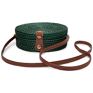 Woven beach bag - Green crossbody bag. Round rattan bags for women. Handwoven natural round rattan bag. Boho style wicker bag. Woven purse durable, trendy, natural rattan small bag.