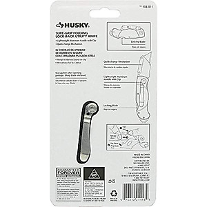 Husky 21113 Folding Sure-Grip Lock Back Utility Knife w/ 10 Disposable Blades Included (Colors Vary)