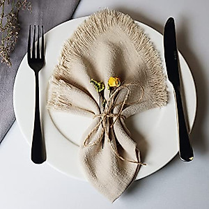 Dololoo Handmade Cloth Napkins, Cotton Linen Cloth Napkins with Fringe, Versatile Handmade Square Rustic Fringe Napkins for Dinner, Wedding and Parties, 18 x 18 Inches Set of 4, Beige