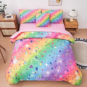 MWMWMW Full Size Comforter Sets for Girls, Kids Bedding Sets for Girls, Rainbow Comforter Full, 6 Pcs Bed in a Bag Girls (1Comforter, 1Flat Sheet, 1Fitted Sheet, 1 Pillow Cover, 2Pillowcases)