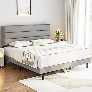 IYEE NATURE Twin Bed with Headboard,Sturdy Platform Bed with Wooden Slats Support,No Box Spring,Mattress Foundation,Easy Assembly,Grey