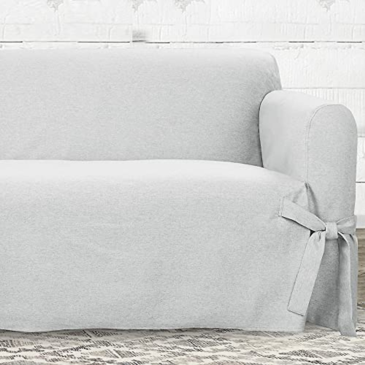 SureFit Farmhouse Basketweave Box Cushion One Piece Slipcover with Ties, Loveseat Cover, Relaxed Woven Fit, 100% Cotton, Machine Washable, Grey Color