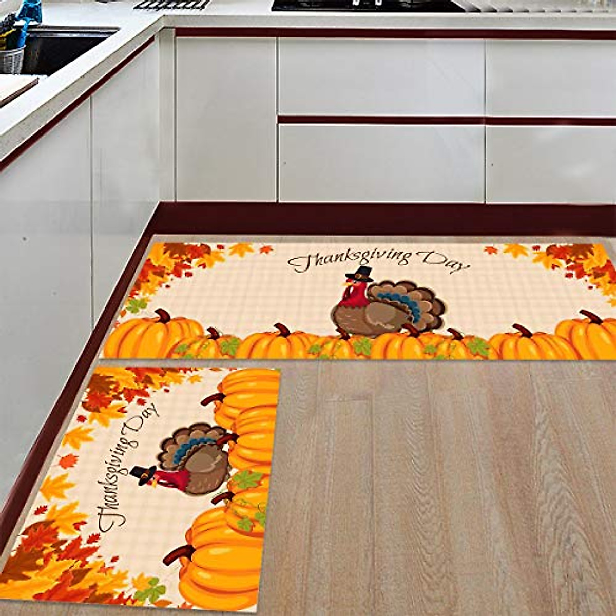 YOKOU Thanksgiving Kitchen Rugs, Day Fall Cartoon Turkey Pumpkin Maple Leaf Orange Non Slip Low Profile Runner Rug Mat for Floor, Kitchen, Bedside, Sink, Office, Laundry, Set of 2