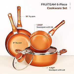 FRUITEAM 6-piece Nonstick Kitchen Cookware Set, Ceramic Coating Cooking Stock / Milk Pot/Frying Pans, Copper Aluminum Pan with Lid, Induction/Gas Kitchenware