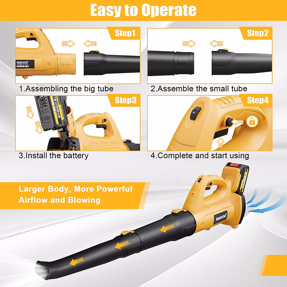 Takuoo Cordless Leaf Blower, 450CFM 150MPH 21V Electric Leaf Blower with 2 x 4.0Ah Battery and Charger, 6 Speed Portable Lightweight Small Blower for Lawn Care Sweeping Snow, Yard, Garden, Patio