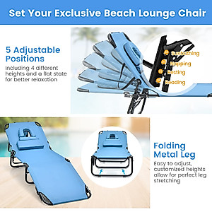 Goplus Tanning Chair, Folding Beach Lounge Chair w/Face Hole, 350LBS Capacity, Removable Pillow, Carry Strap, Adjustable Sunbathing Chair, Patio Chaise Lounger for Outside Lawn Pool Adult (1, Blue)