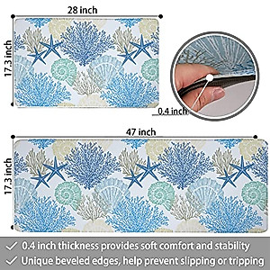 Tritard Coastal Anti Fatigue Kitchen Mat Rug Set of 2 Piece Beach Themed Cushioned Kitchen Mats for floor Waterproof Non Slip Kitchen Rugs Runner for Office Sink Laundry, Blue, 17.3" x 28"+17.3" x 47"