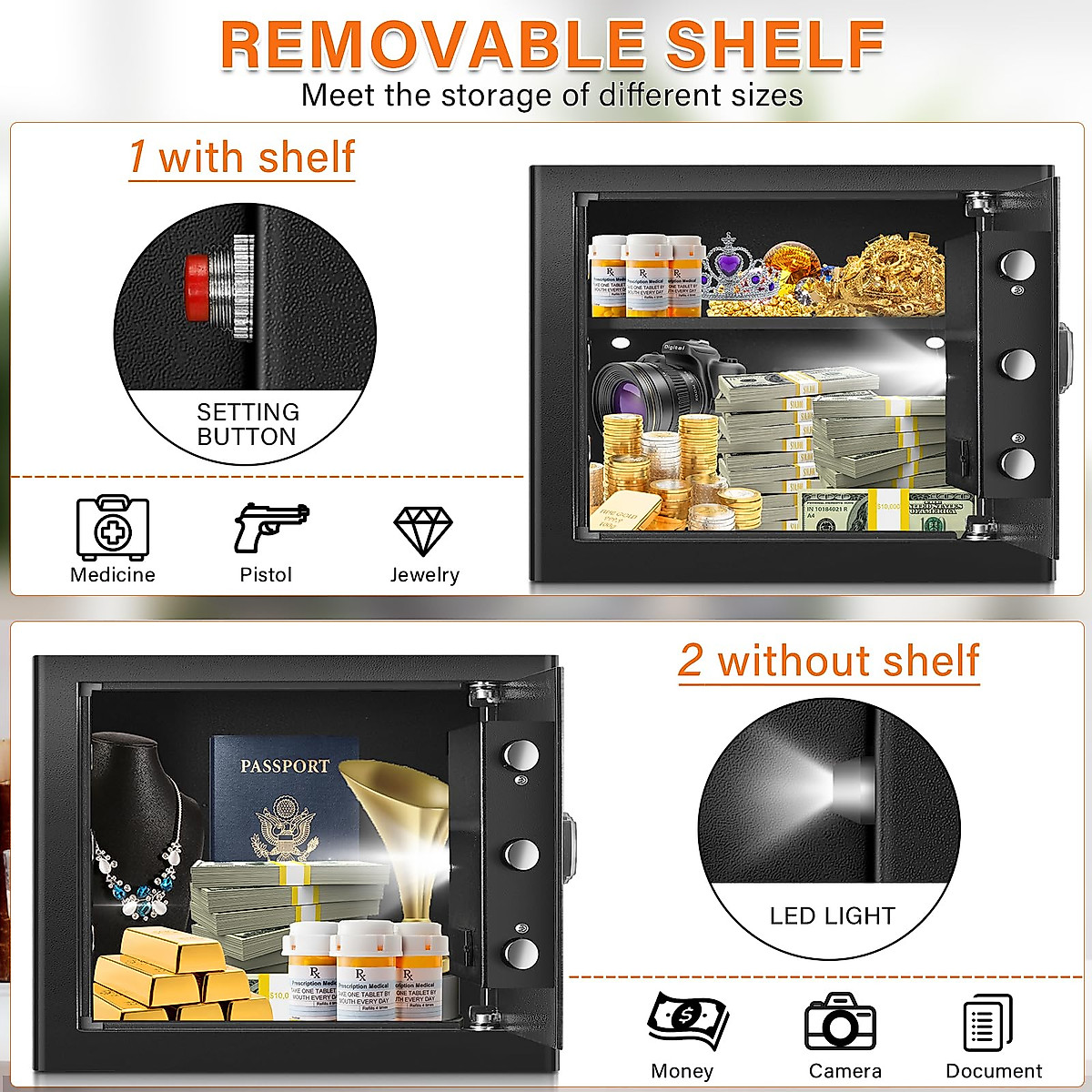 Mitlvge 0.5 Cu ft Home Safe Fireproof Waterproof, Fireproof Safe with Fireproof Document Bag, Home Security Safe with Electronic Digital Keypad & LED Light, Small Safe Box for Money Firearm Medicine