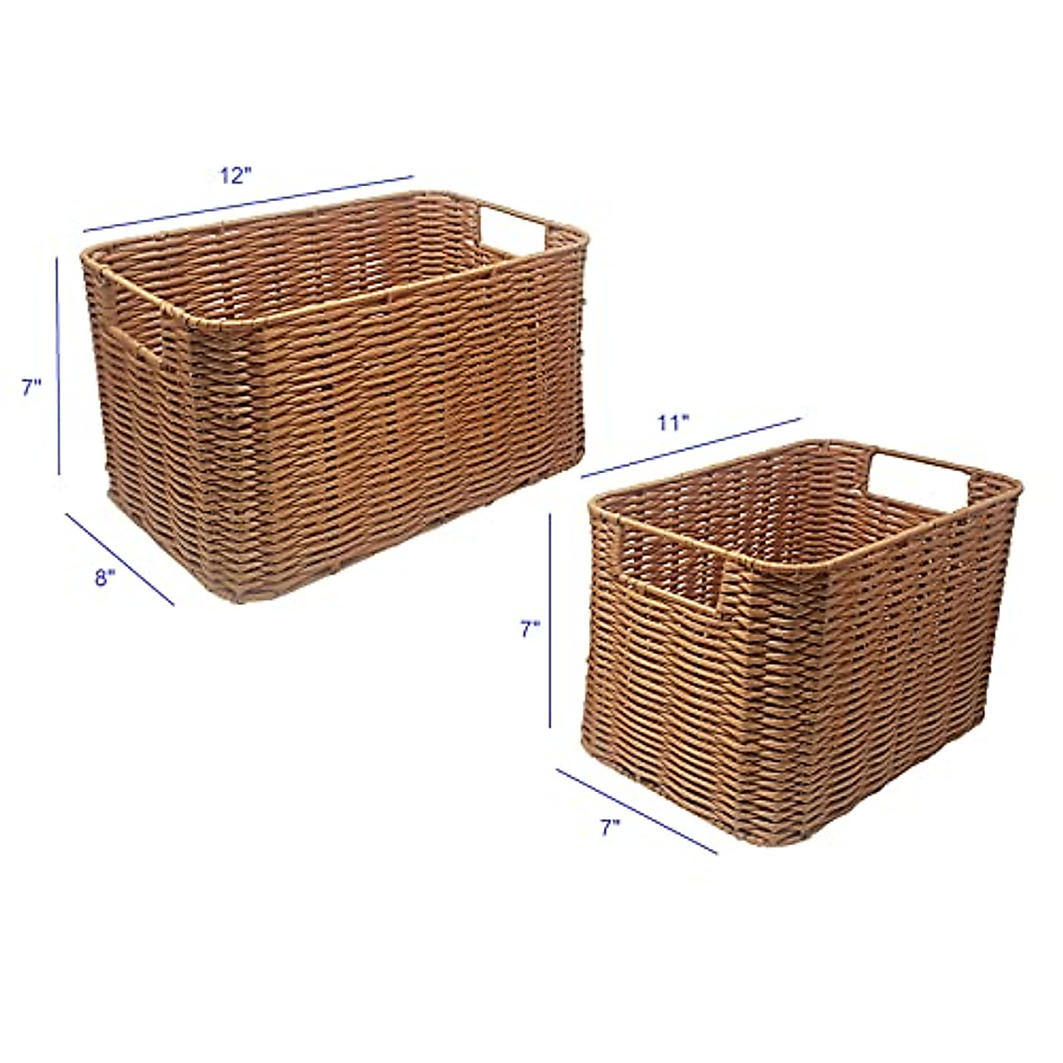 KOVOT Storage Woven Baskets Wicker Storage | Set of 2 Poly-Wicker Storage Baskets with Built-in Carry Handles | Laundry Storage Pantry Baskets Woven Polypropylene | 12"L x 8"W x 7"H & 11"L x 7"W x 7"H