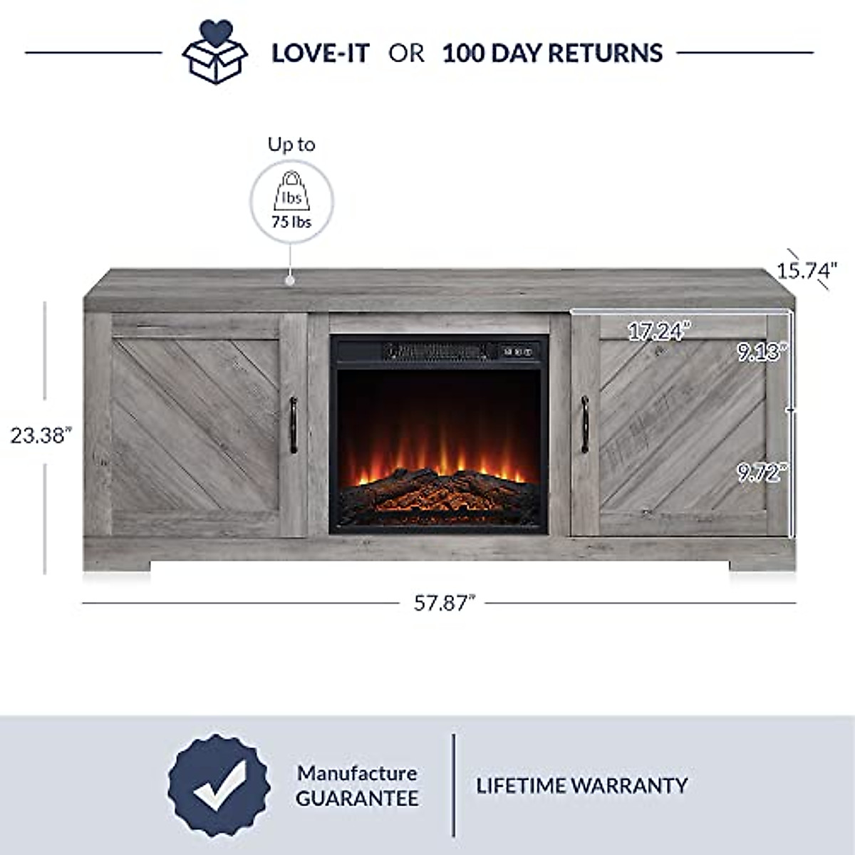 BELLEZE Modern 58 Inch Farmhouse TV Stand with 18 Inch Electric Fireplace & Media Entertainment Center Console Table for TV up to 65 Inch with Storage Cabinets and Infrared Heater - Hilo (Gray Wash)