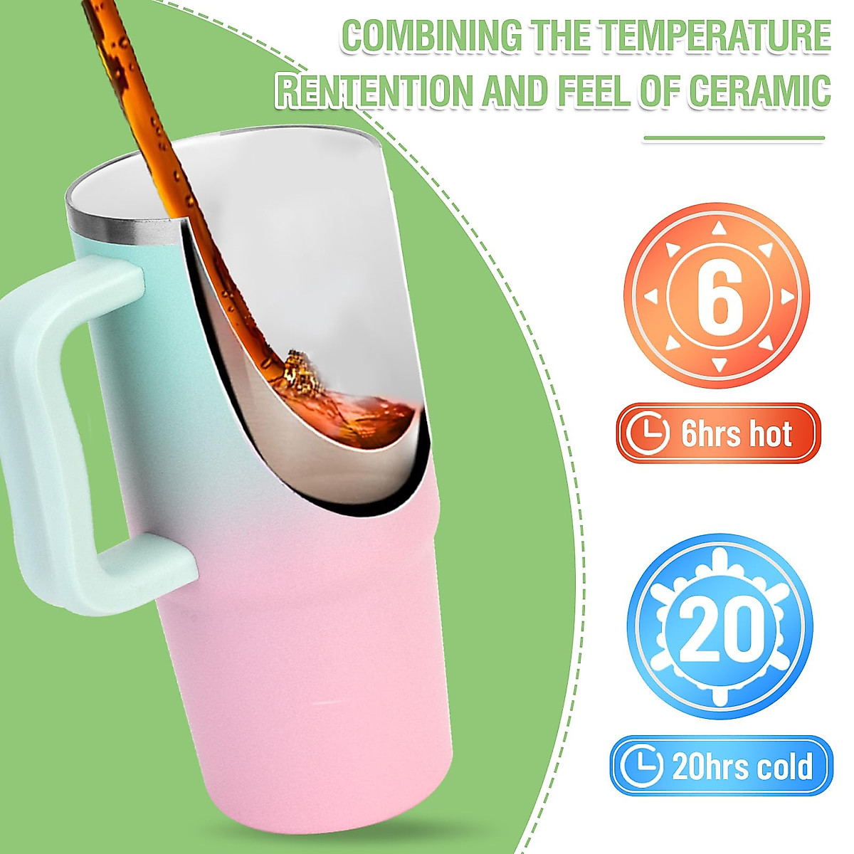 Zukro 24 oz Ceramic Coated Interior Tumbler with Handle and Straw, No Metal taste or Smell, Leakproof No Sweat Stainless Steel Coffee Cup with 2 Lids, Dishwasher Safe Insulated Travel Mug, Bubblegum